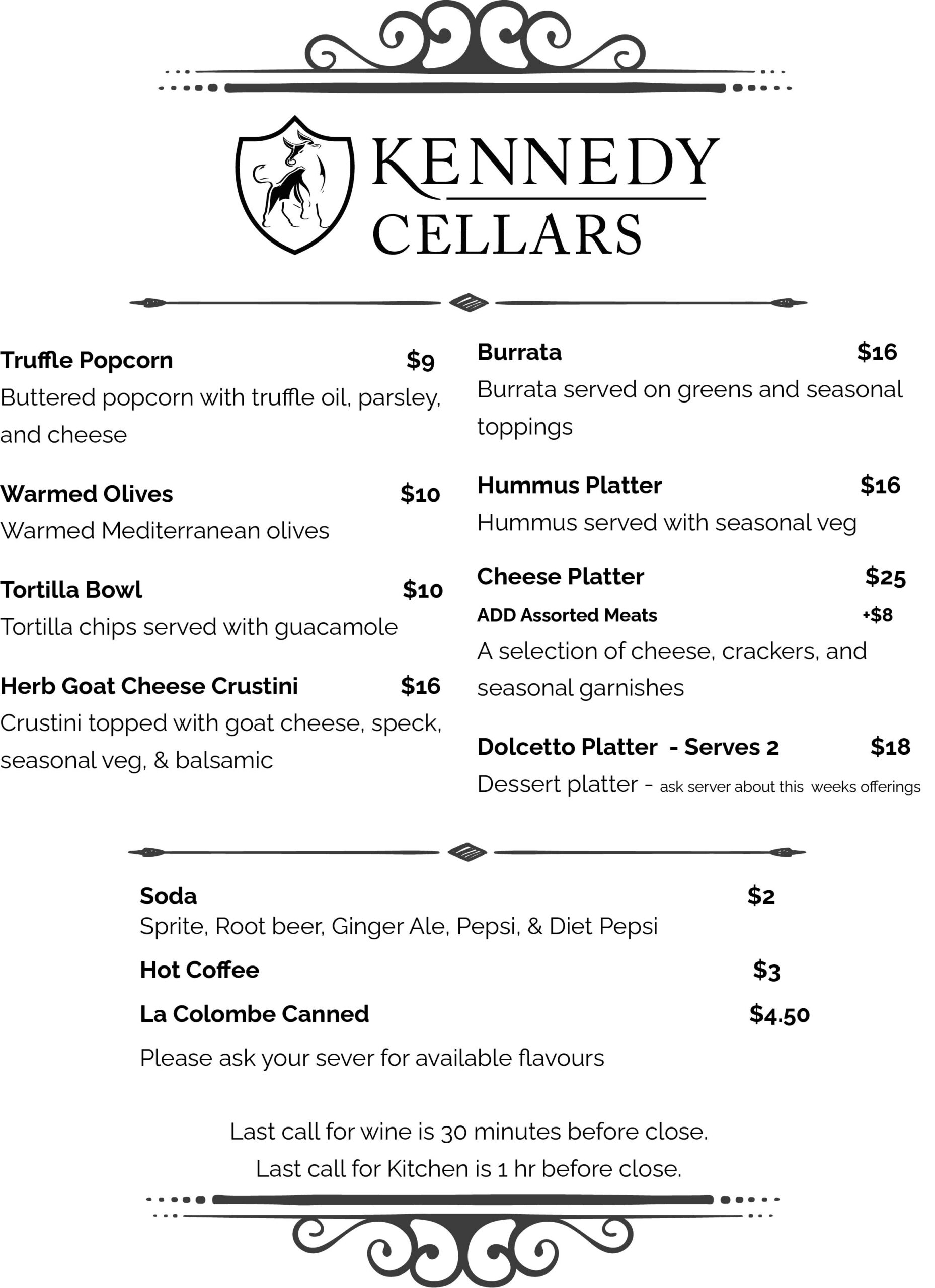 Tasting Room Menu - Kennedy Cellars